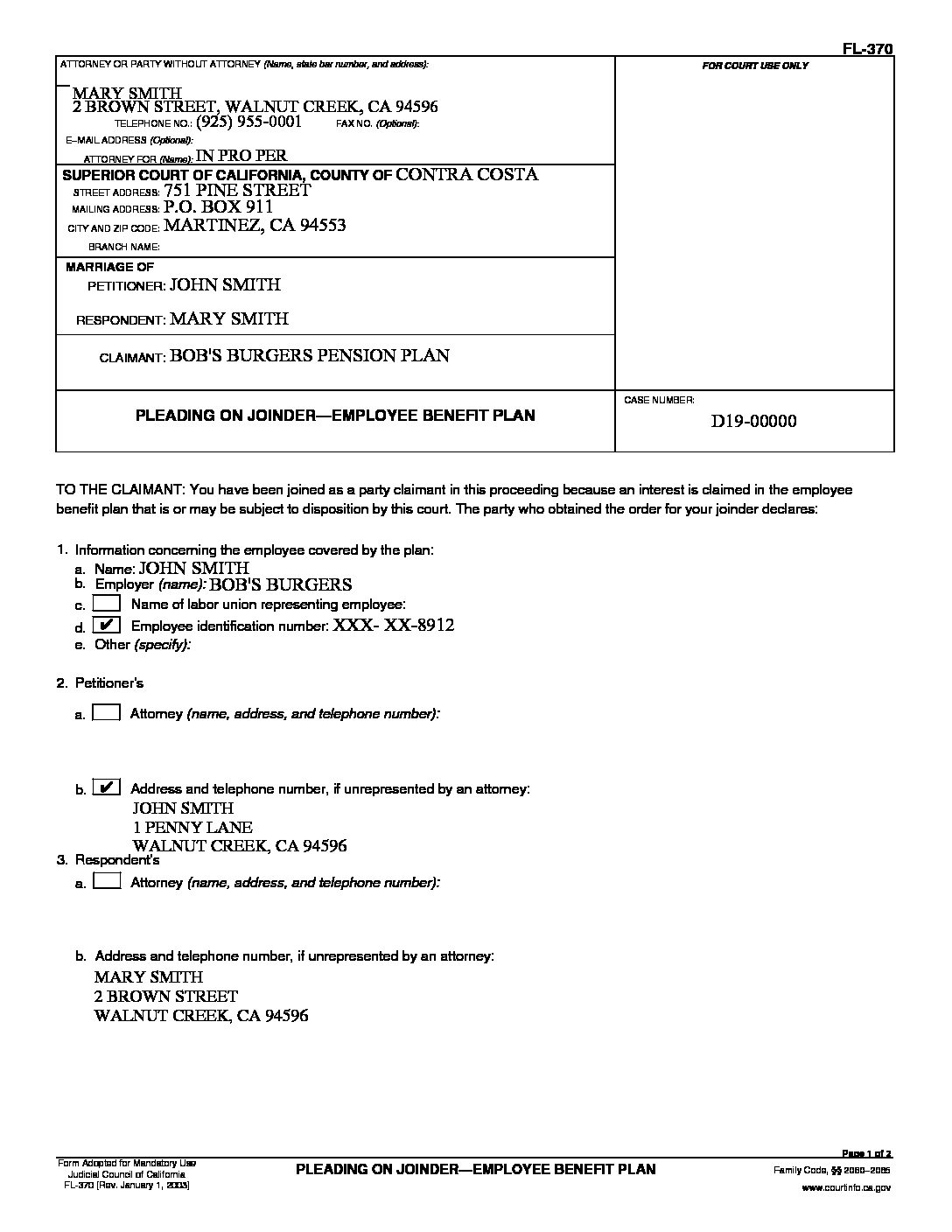 FL-370 Pleading On Joinder – Employee Benefit Plan. Fillable form.