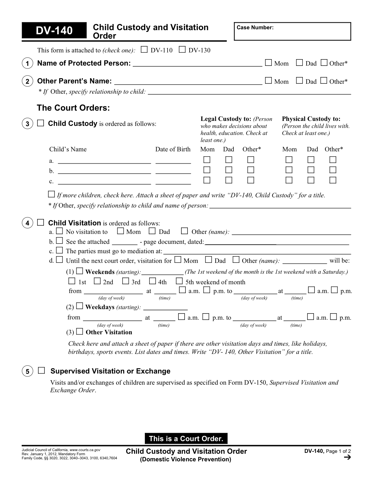 DV 140 Child Custody And Visitation Order Fillable DV Form California 