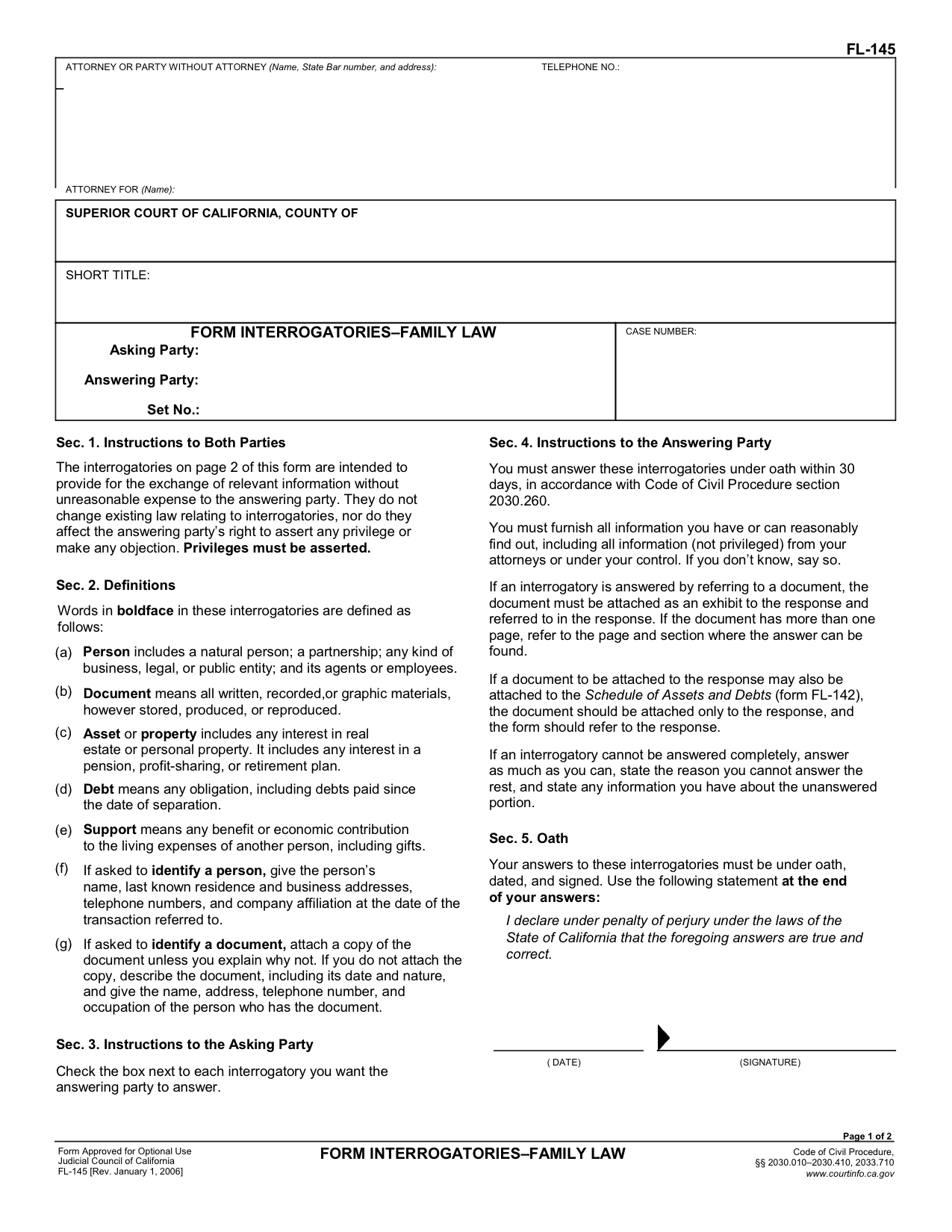 FL-145 Form Interrogatories – Family Law. Fillable Judicial Council form.