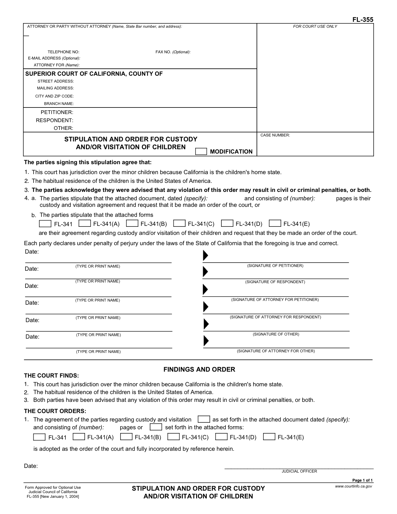 FL-355 Stipulation and Order for Child And/Or Visitation of Children.